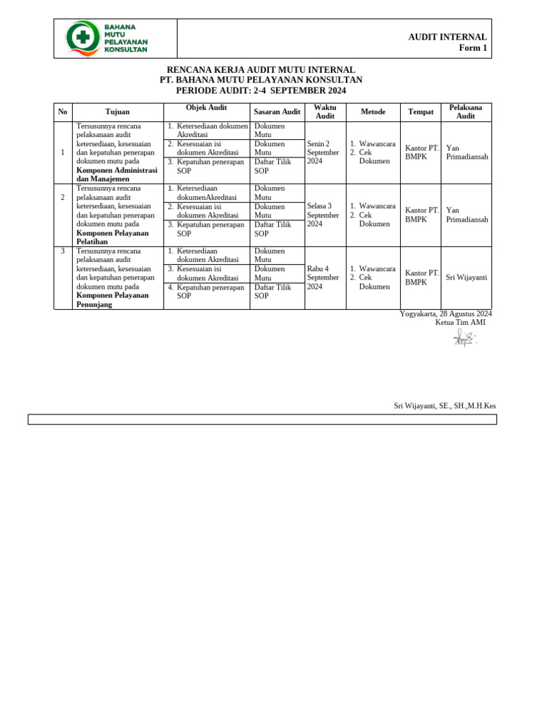 FORM Audit Mutu Internal AKreditasi Lembaga Pelatihan - PT BMPK - Laporan Isi (AutoRecovered) | PDF
