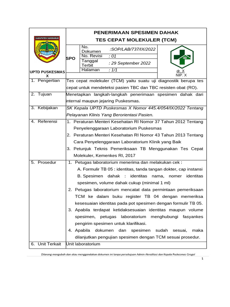 Sop Penerimaan TCM Spesimen Dahak | PDF