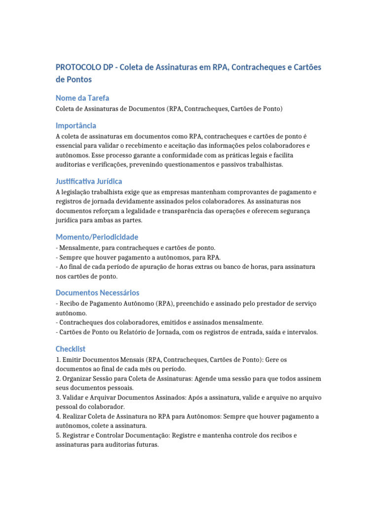 PROTOCOLO DP Coleta Assinaturas RPA Contracheques Cartoes Ponto | PDF