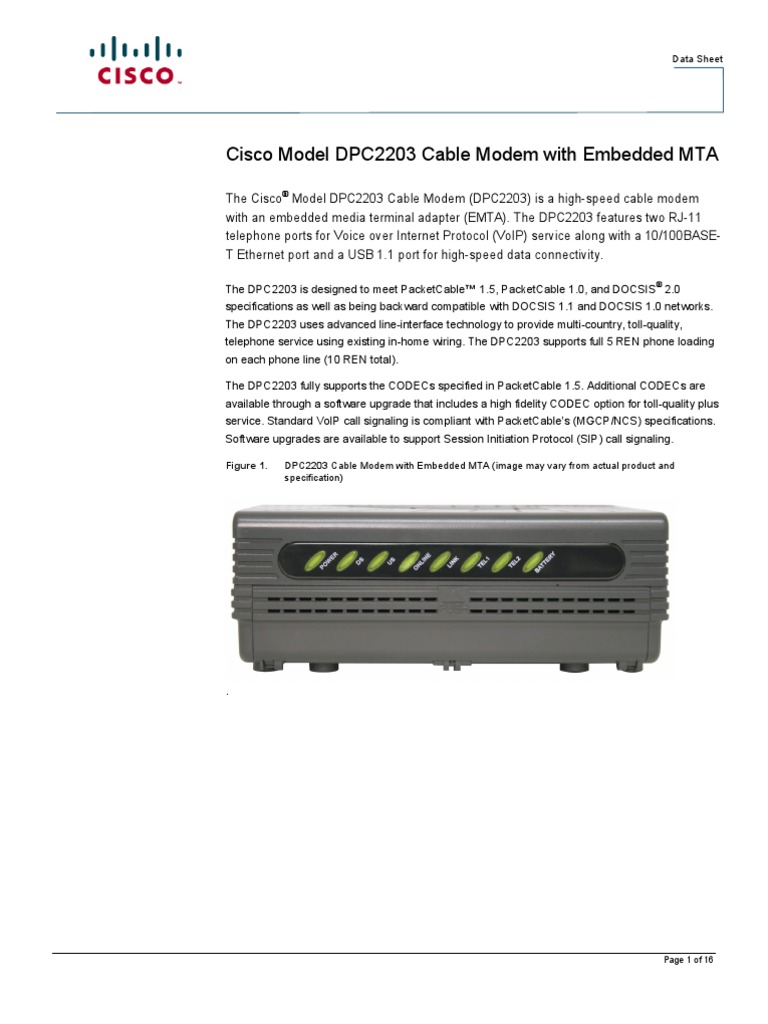 Cisco Model DPC2203 Cable Modem With Embedded MTA: Data Sheet | PDF ...