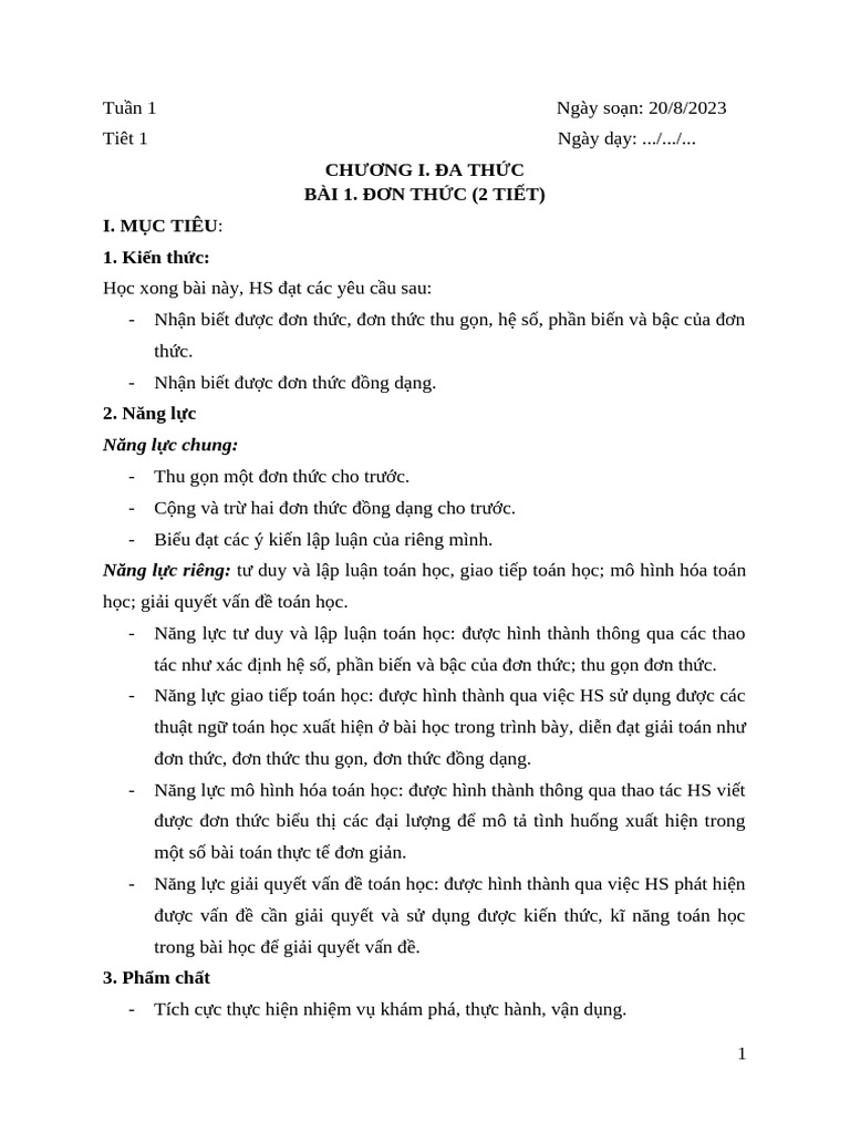 Giáo Án Toán 8 KNTT-2023-2024 | PDF