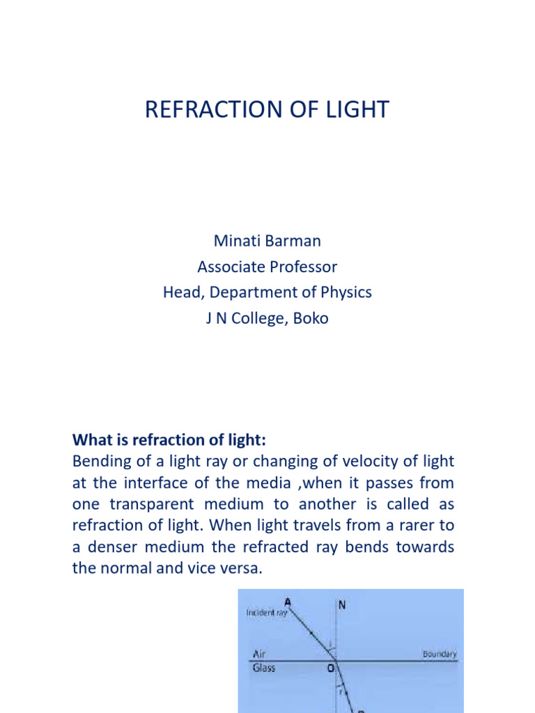 Refraction of Light: Minati Barman Associate Professor Head, Department of Physics J N College ...