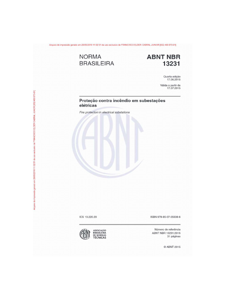 ABNT NBR 13231 - Proteção Contra Incêndio em Subestações Elétricas | PDF