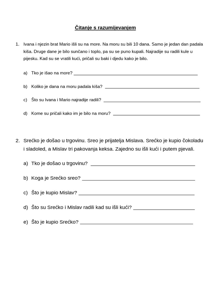 Inicijalno Testiranje 1 Citanje S Razumijevanjem | PDF