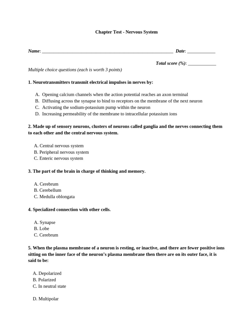Chapter 1 TEST Nervous System (I) | PDF | Nervous System | Central ...