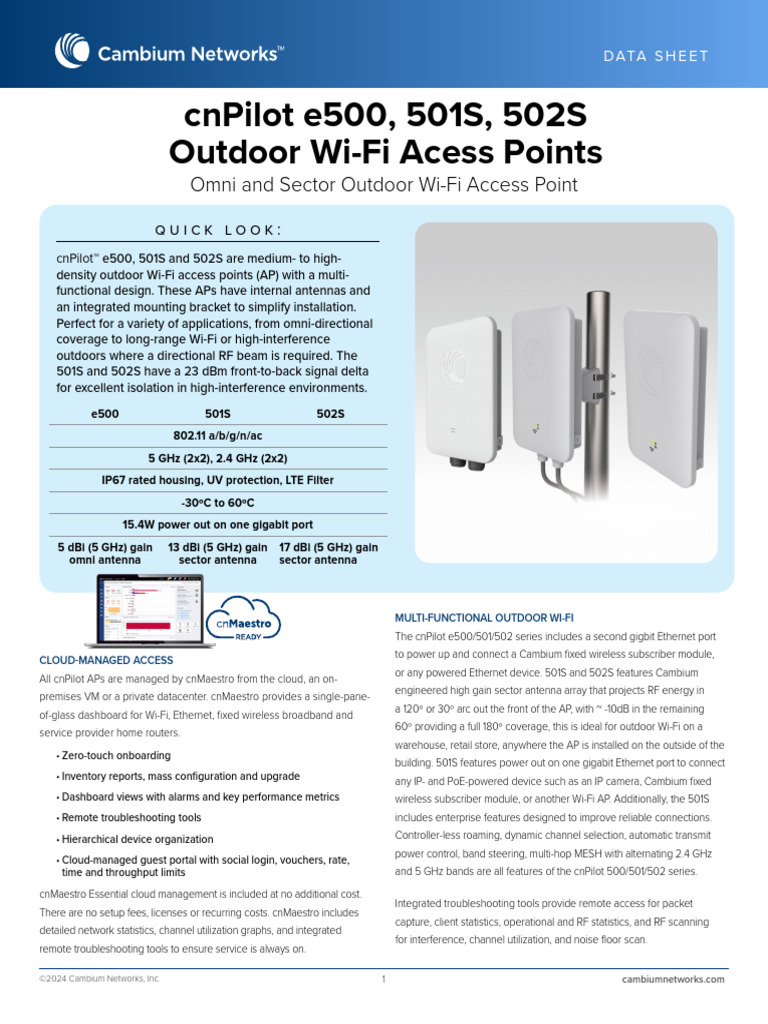 Cambium Networks Data Sheet Cnpilot E500 501S 502S Family | PDF | Wi Fi | Ieee 802.11