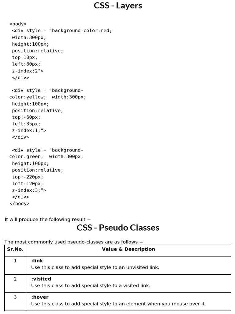 CSS - 4 Layers, Pseudo Classes, Pseudo Elements, @rules, Filters - Edit It Chapter Wise | PDF ...