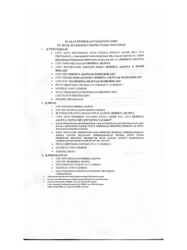 Syarat Pembukaan Rekening Giro BPD Sulselbar | PDF