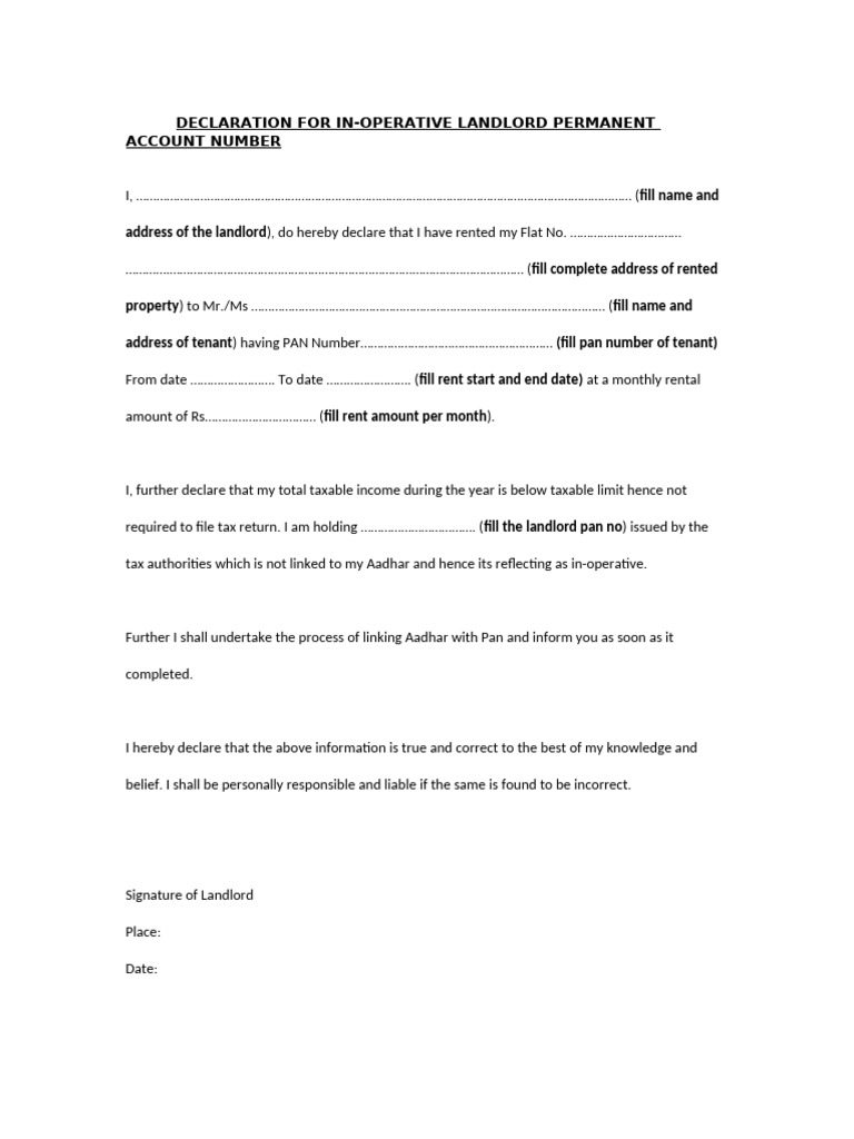 Declaration For In-Operative Landlord Pan No | PDF | Finance & Money Management | Technology ...