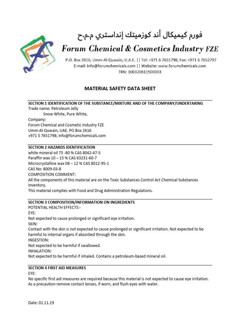 Petroleum Jelly - MSDS - FCCI | PDF | Sodium | Water
