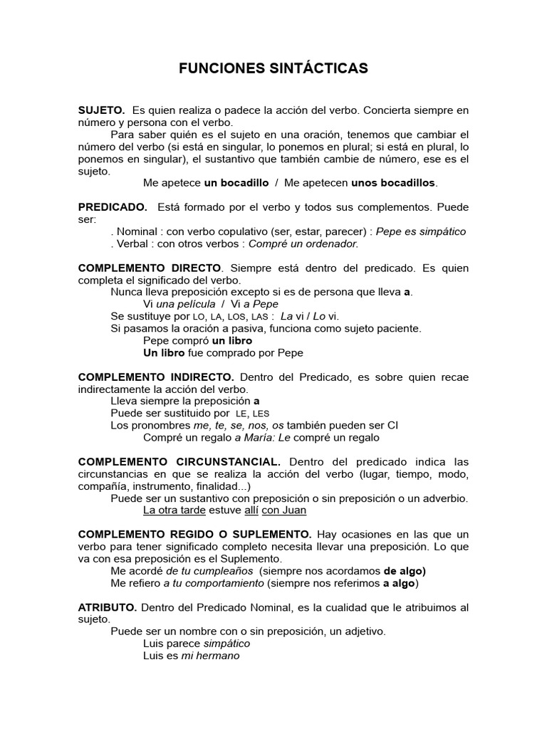 Funciones Sintácticas | PDF | Verbo | Predicado (Gramática)