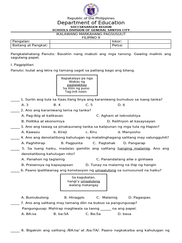 Pagsusulit Q2 Fil9 | PDF