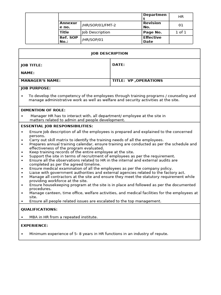 HR Manager Job Description Template | PDF | Human Resource Management ...
