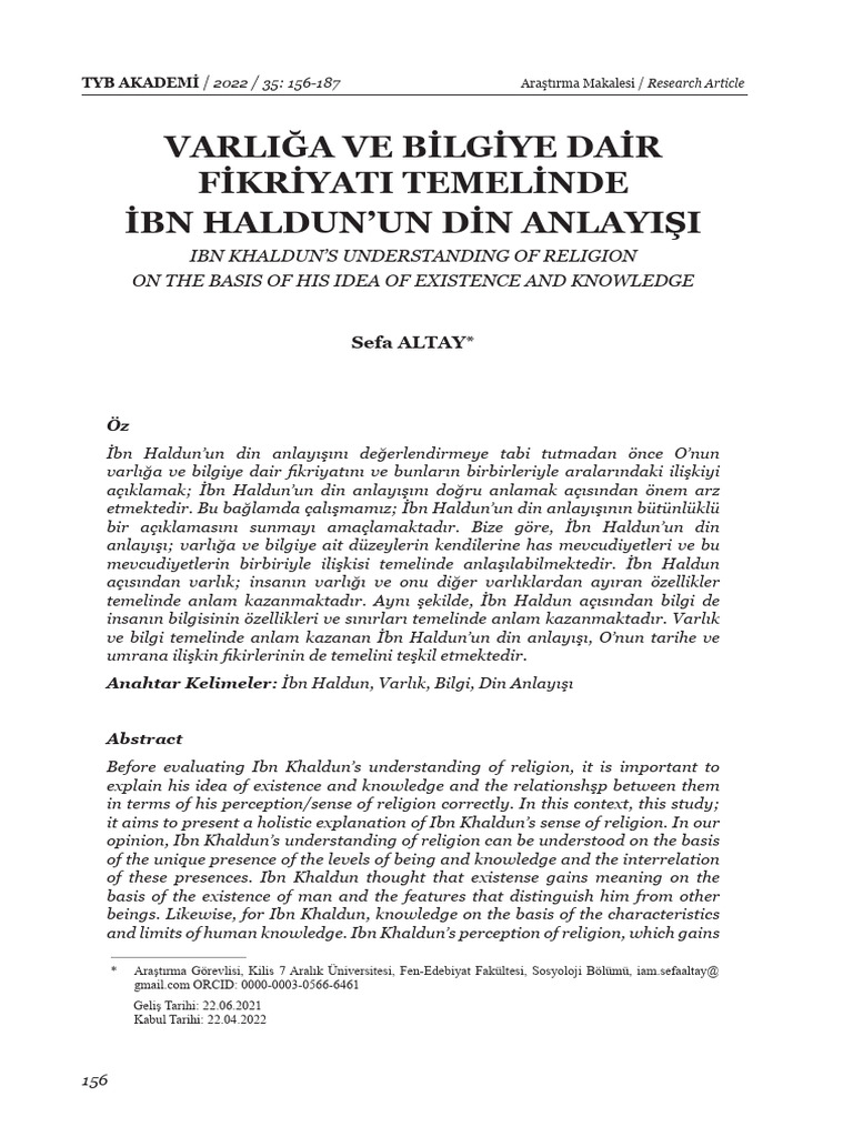 T - Varlığa Ve Bilgiye Dair Fikriyatı Temelinde İbn Haldun'un Din Anlayışı - Sefa Altay | PDF ...