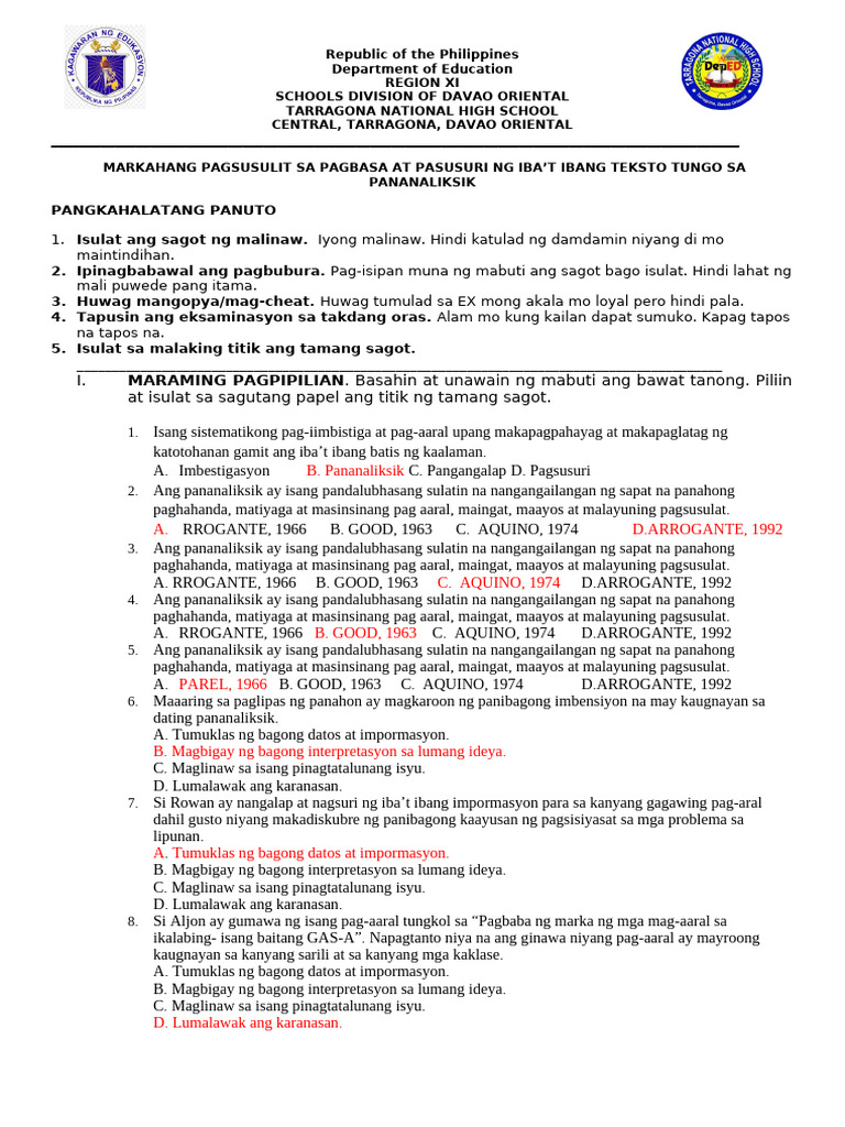 4TH Grading Exam Pagbasa at Pagsusuri | PDF