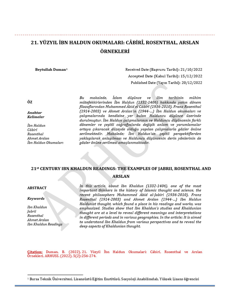 T - 21. Yüzyıl İbn Haldun Okumaları Câbirî, Rosenthal, Arslan Örnekleri - Beytullah Duman | PDF