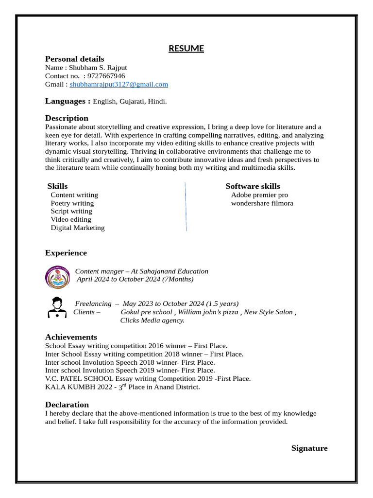 RESUME shubham | PDF