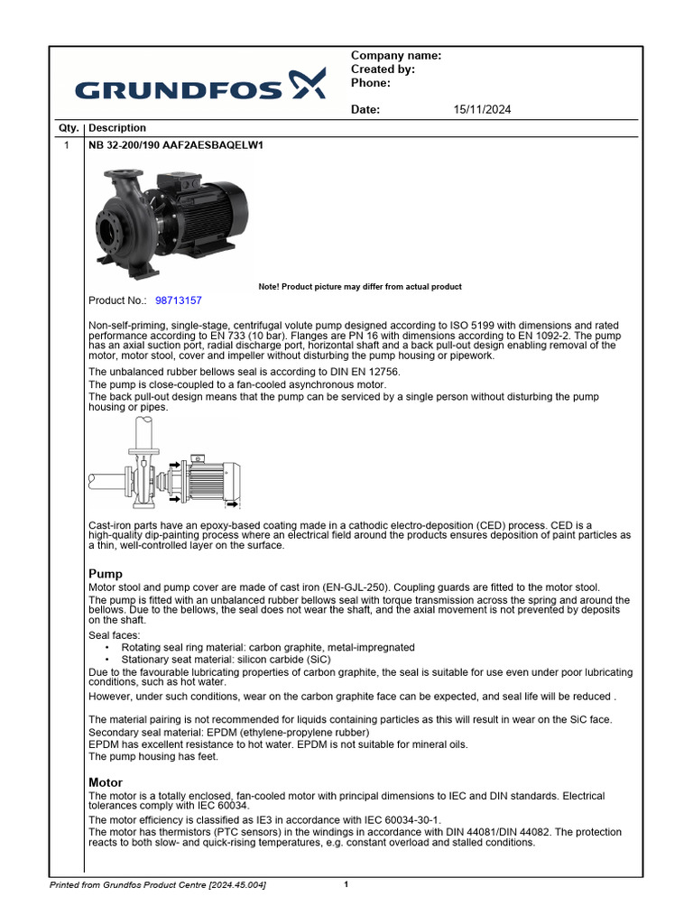 NB 32-200/190 Centrifugal Pump Specs | PDF | Pump | Electric Motor