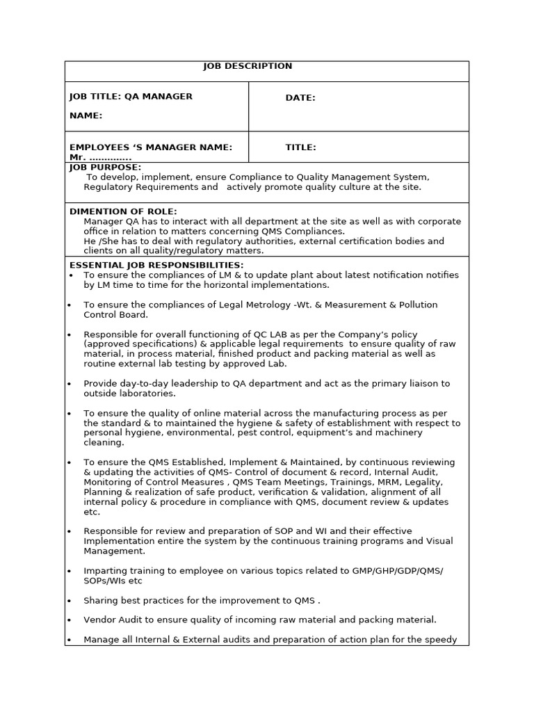 JD - Qa Manager | PDF | Quality Assurance | Quality Management System