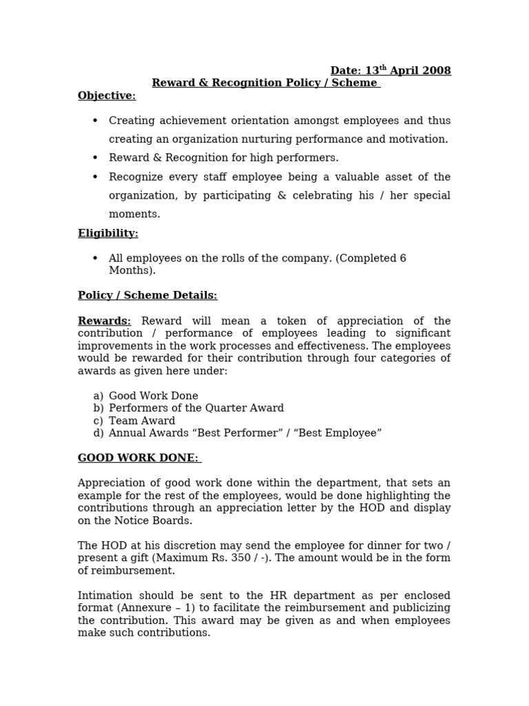 Reward and Recognition Policy - HDO | PDF | Goal | Economies