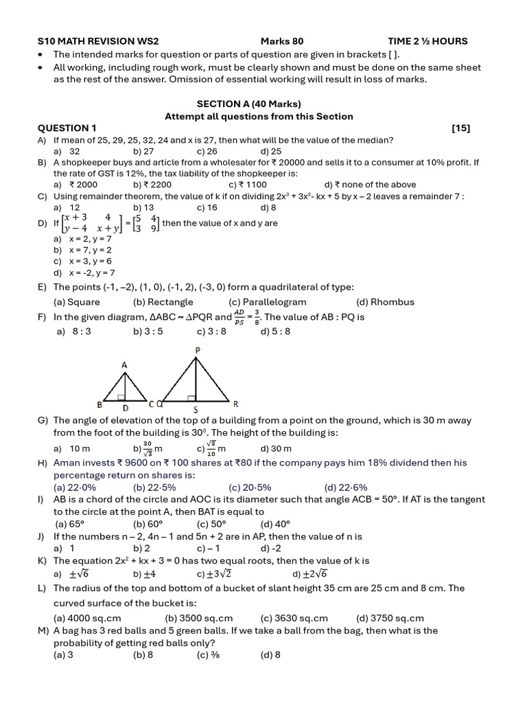 S10 Math Revision Worksheet 2 | PDF | Circle | Angle