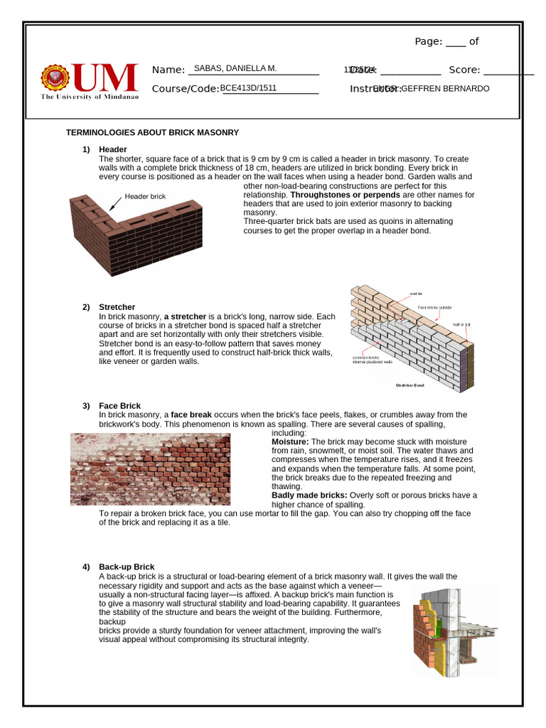 Key Terminologies in Brick Masonry | PDF | Mortar (Masonry) | Masonry