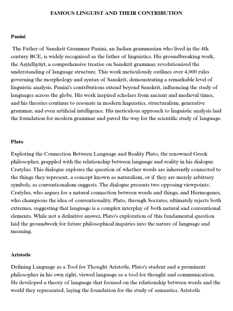 FAMOUS LINGUIST AND THEIR CONTRIBUTION - Docx - 20240807 - 100038 - 0000 | PDF | Linguistics ...