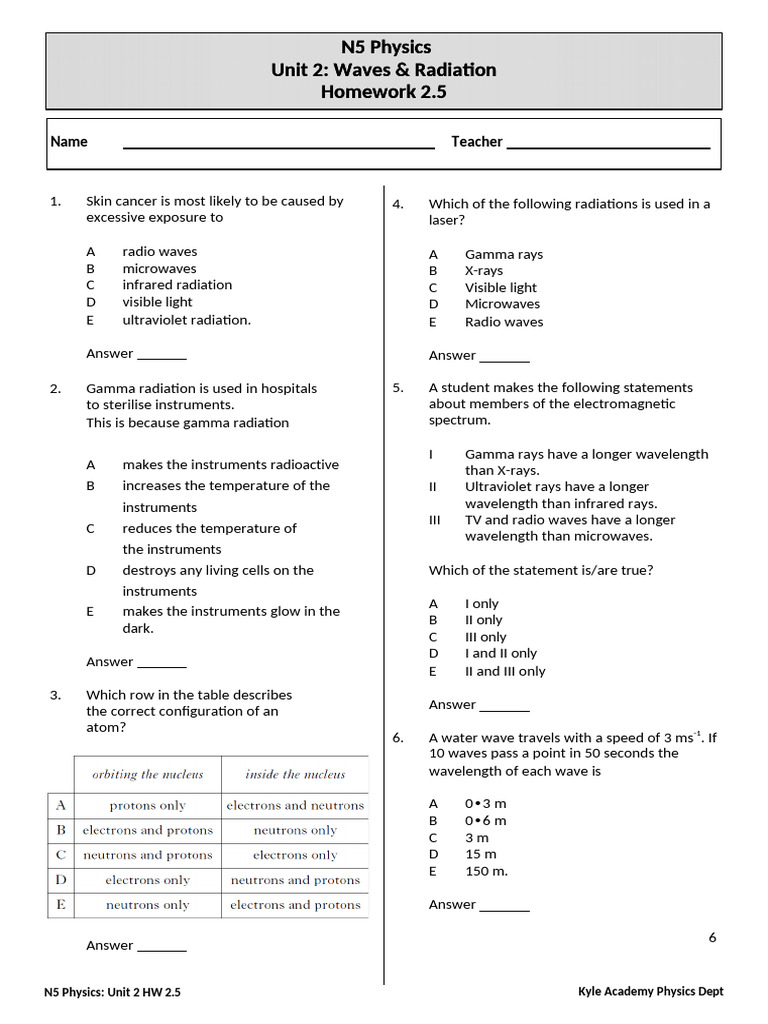 N5 Physics Unit 2 Homework 2.5 | PDF | Radiation | Light