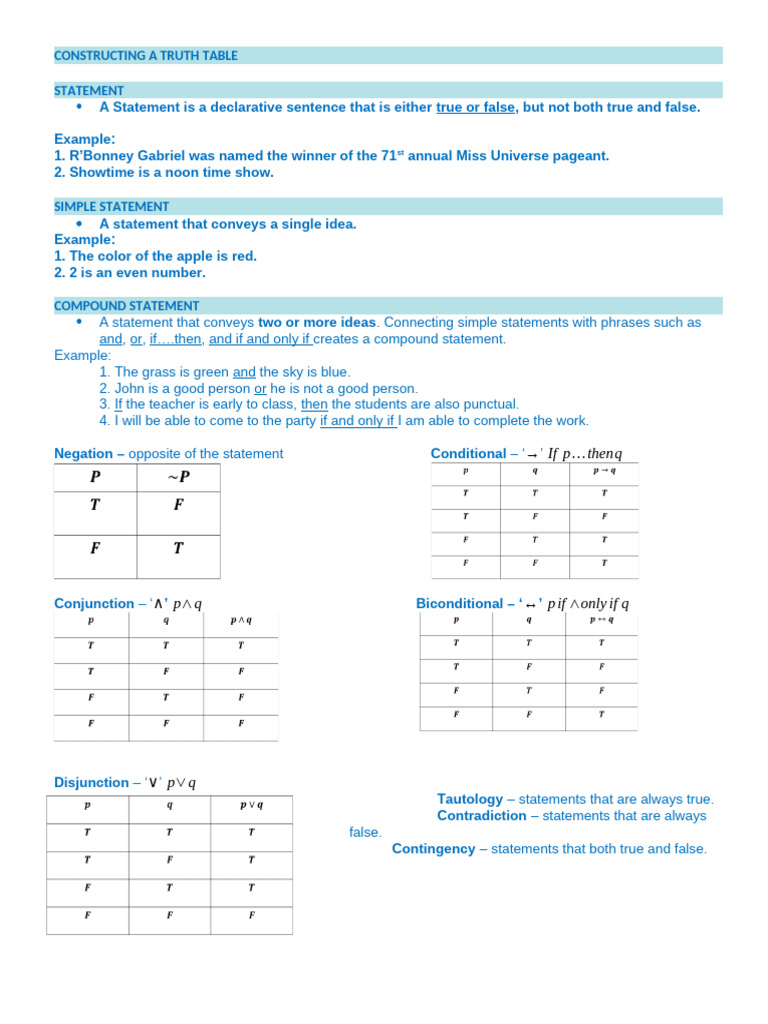 Constructing A Truth Table | PDF