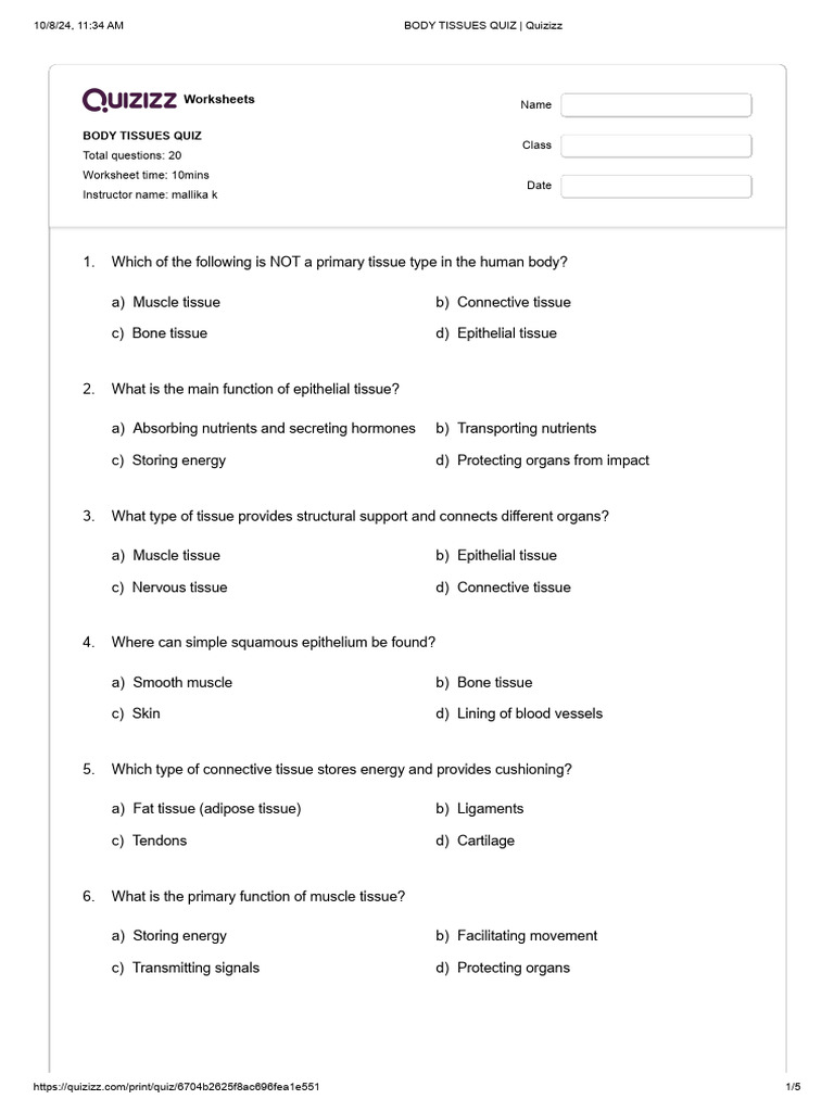 BODY TISSUES QUIZ _ ANS | PDF | Muscle | Tissue (Biology)