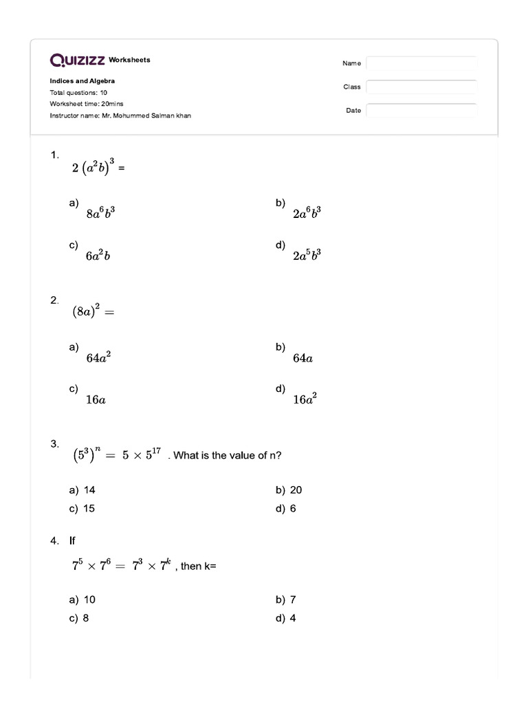 Algebra and Indices 00 - QKey | PDF