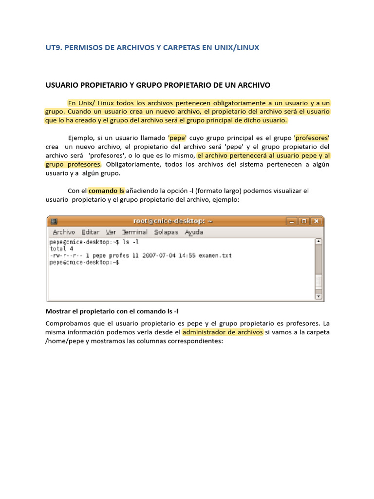 Ut8. Permisos de Archivos y Carpetas en Unixlinux | PDF | Archivo de computadora | Usuario ...