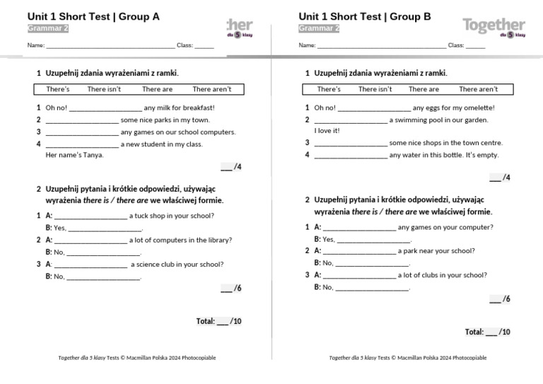 Together kl5 Short Test U1 Grammar 2 AB | PDF