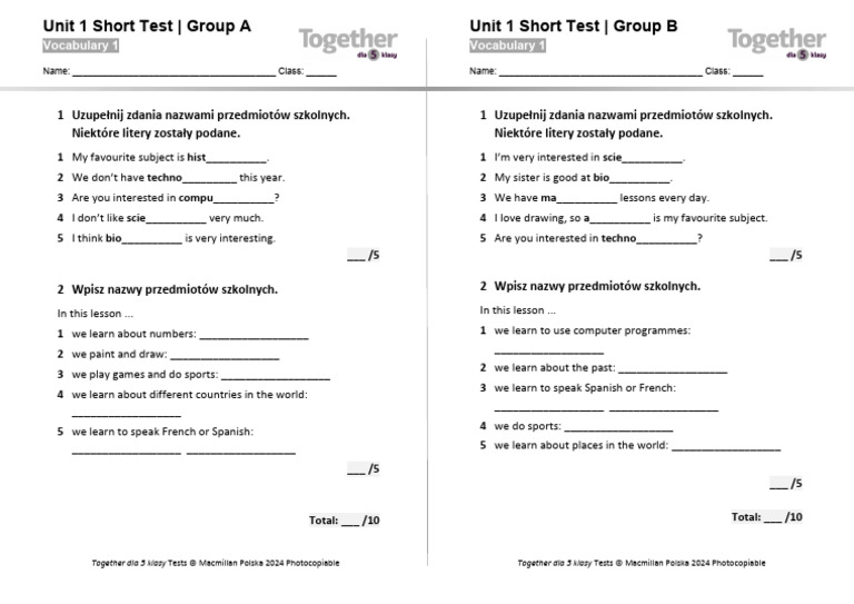 Together kl5 Short Test U1 Vocabulary 1 AB | PDF | Lexical Semantics ...