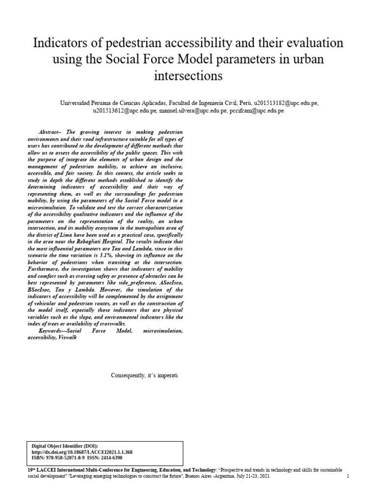 Indicators of Pedestrian Accessibility and Their Evaluation Using The Social Force Model ...