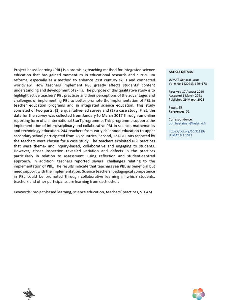 Project-Based Learning in Integrated Science Education Active Teachers' Perceptions and ...