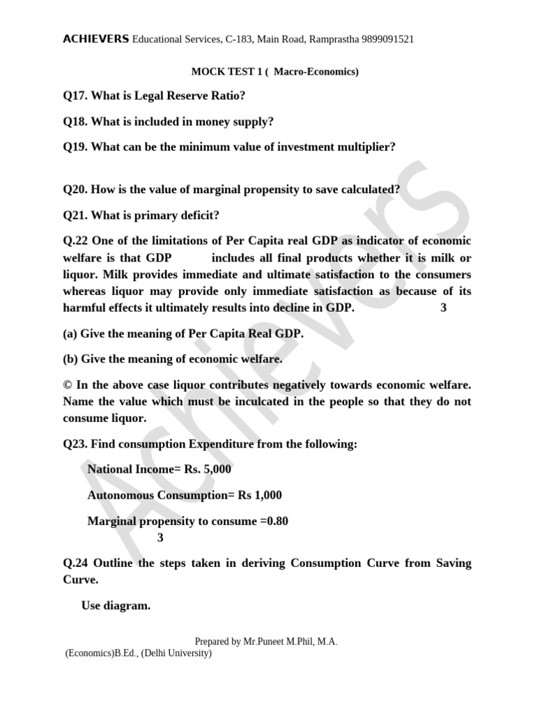 Economics Mock Test for Achievers | PDF | Government Budget Balance ...