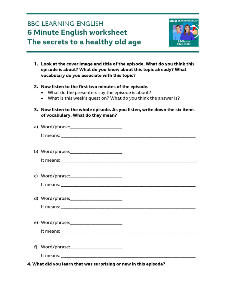 6 Minute English The Secrets To A Healthy Old Age Worksheet | PDF ...