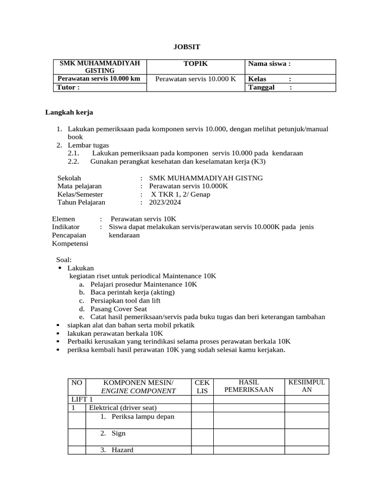 Jobsheet Servis 10.000 | PDF