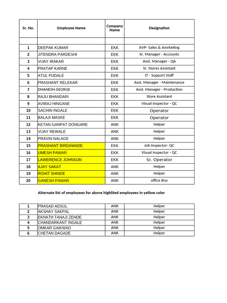 Employee List with Designations and Details | PDF