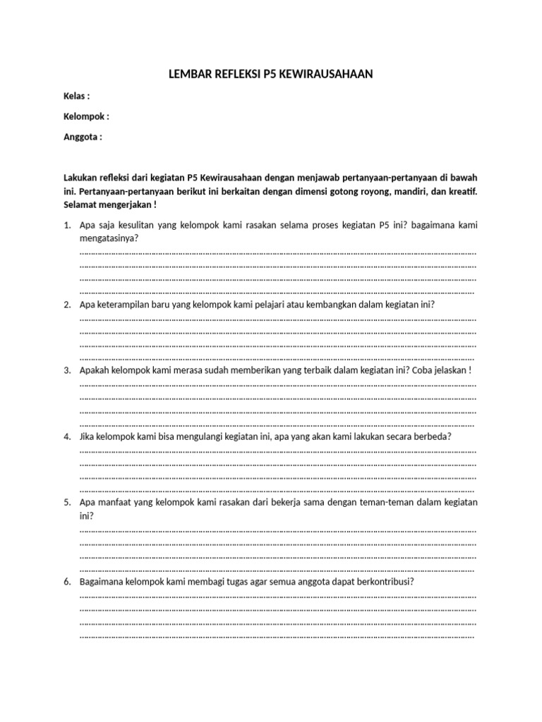 LEMBAR REFLEKSI P5 KEWIRAUSAHAAN Revisi | PDF | Karier & Perkembangan