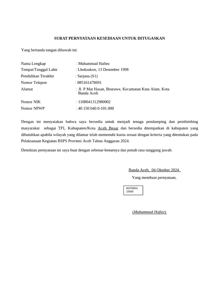 Pernyataan Kesediaan Tugas TFL Aceh | PDF