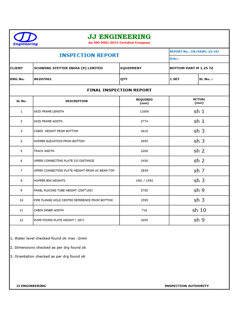 Skid Frame Final Inspection Report | PDF