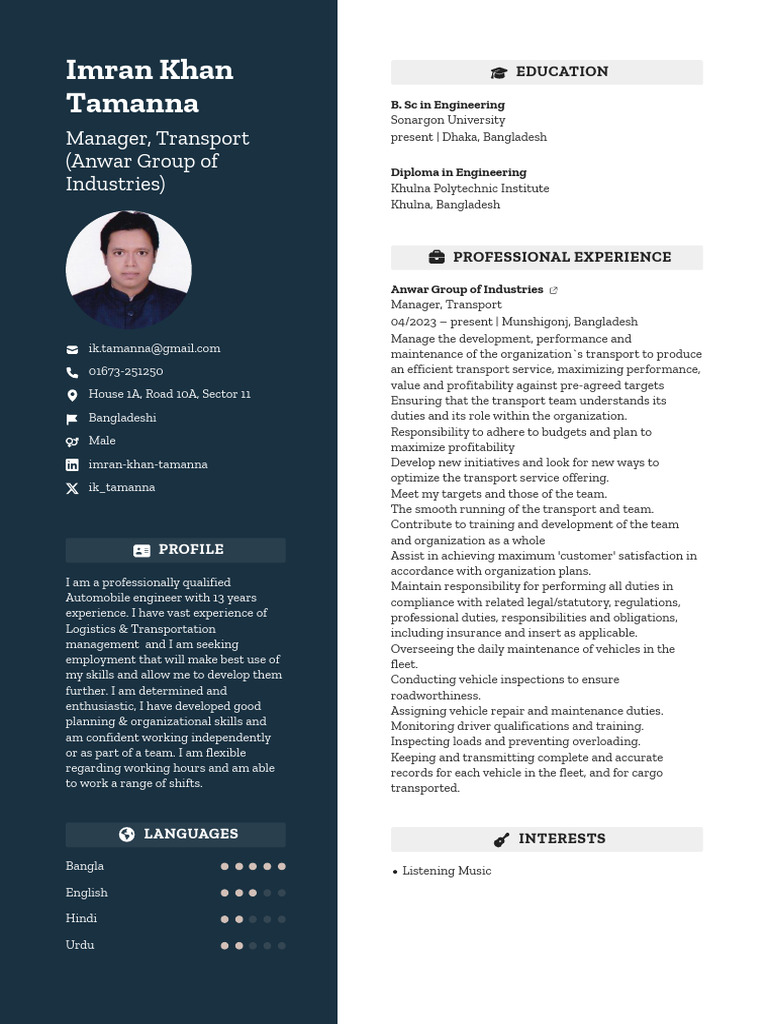 Imran-Khan-Tamanna CV | PDF | Transport | Bangladesh