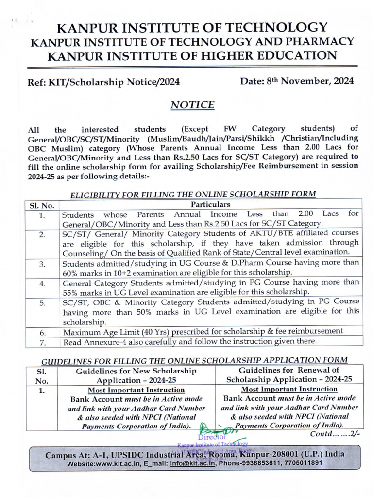 KIT Colleges - Notice Regarding U.P. Scholarship & Fee Reimbursement ...