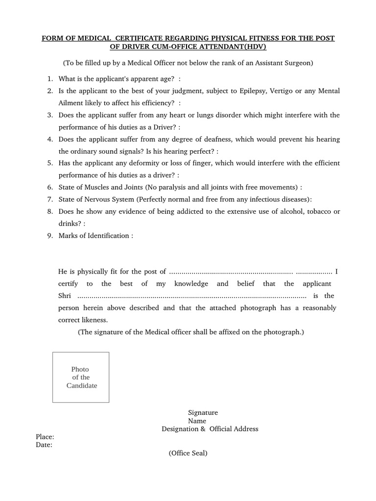 Form of Medical Certificate Regarding Physical Fitness For The Post of ...