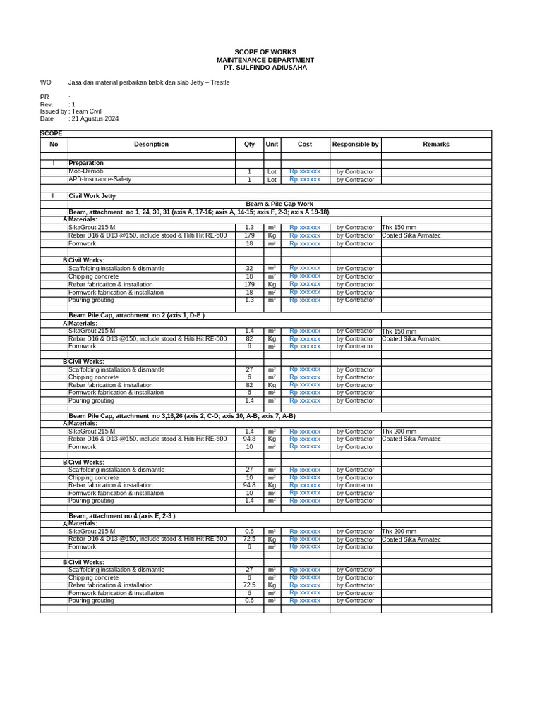 1PR0824080002 Scope Perbaikan Balok Dan Slab Jetty Trestle Tahap 2 R1 | PDF | Concrete ...