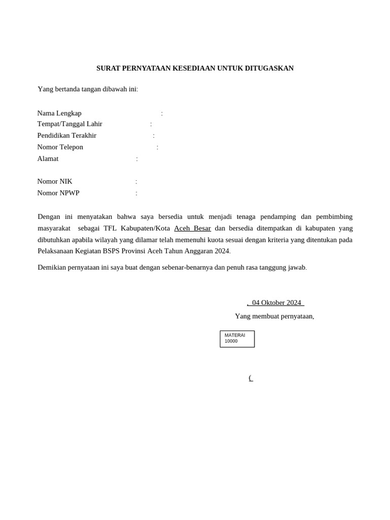 Surat Pernyataan Kesediaan TFL Aceh | PDF