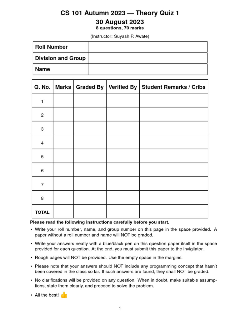 CS101 2023 Autumn Theory Quiz 1 | PDF | Mathematics | Software Engineering