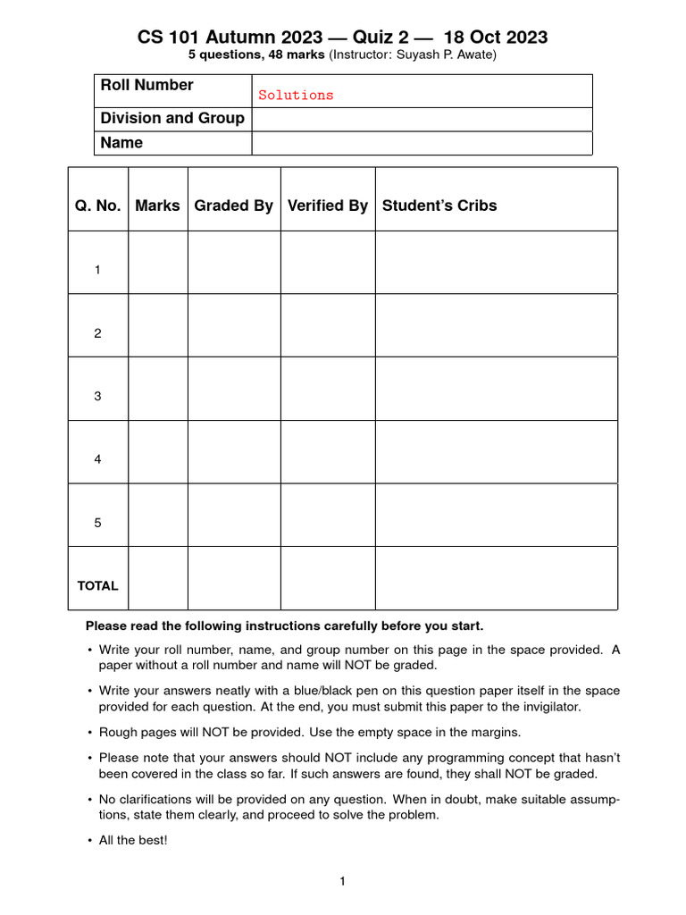 CS101 2023 Autumn Theory Quiz 2 | PDF | Pointer (Computer Programming) | Computer Science